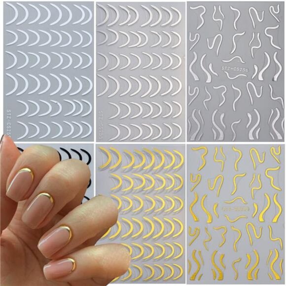 Makeup | 6 Sheets French Nail Art Stickers Decal 3d Gold Curve Line ...